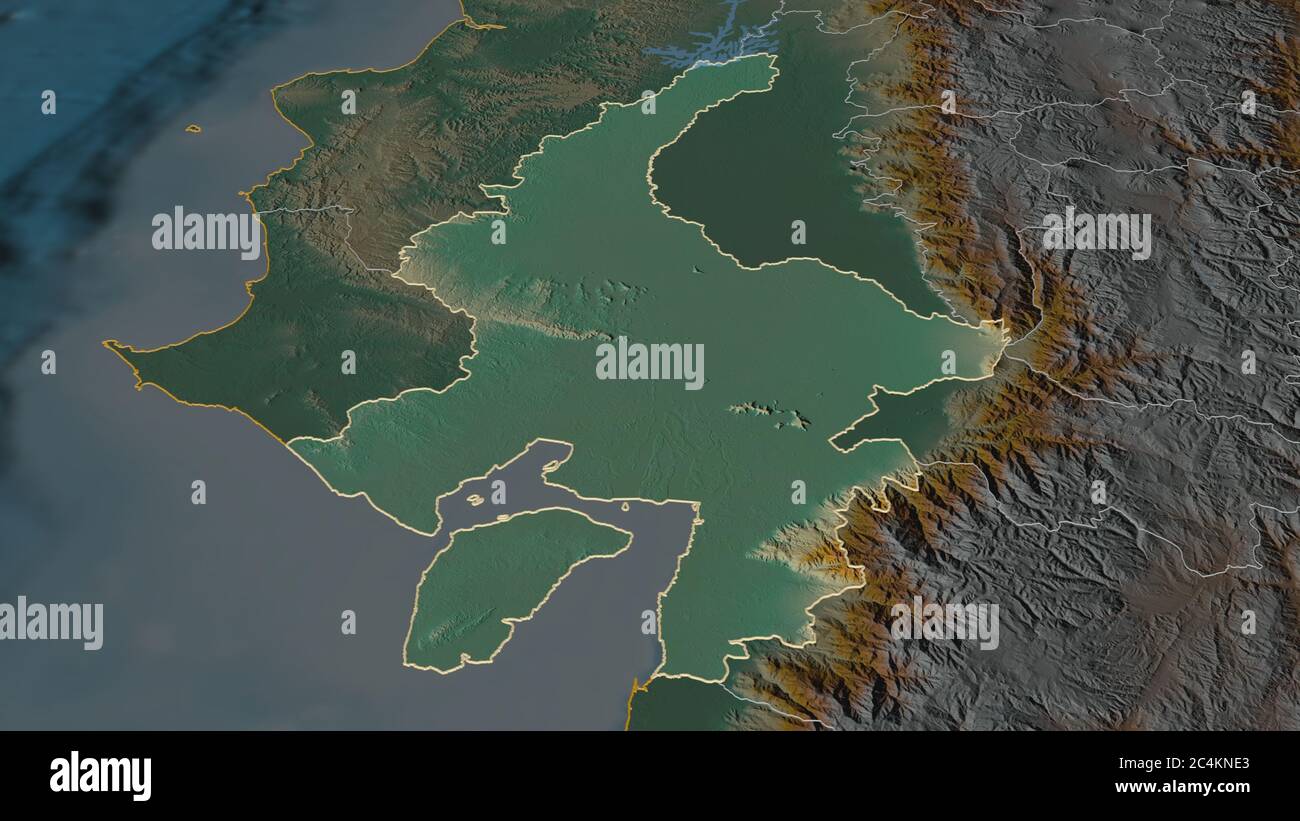 Zoom in on Guayas (province of Ecuador) outlined. Oblique perspective ...