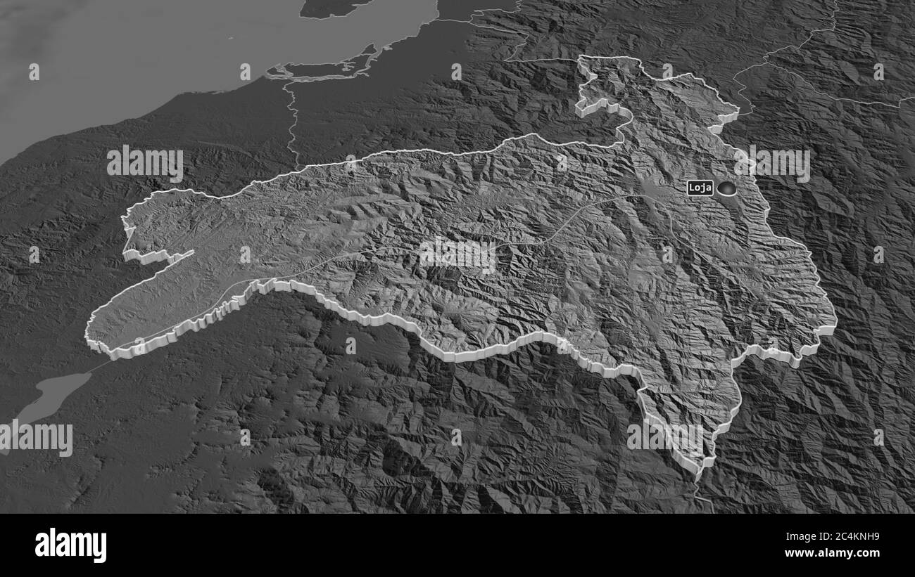 Zoom in on Loja (province of Ecuador) extruded. Oblique perspective ...