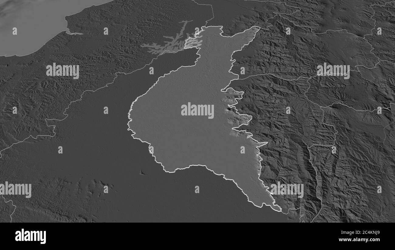 Zoom in on Los Rios (province of Ecuador) outlined. Oblique perspective ...
