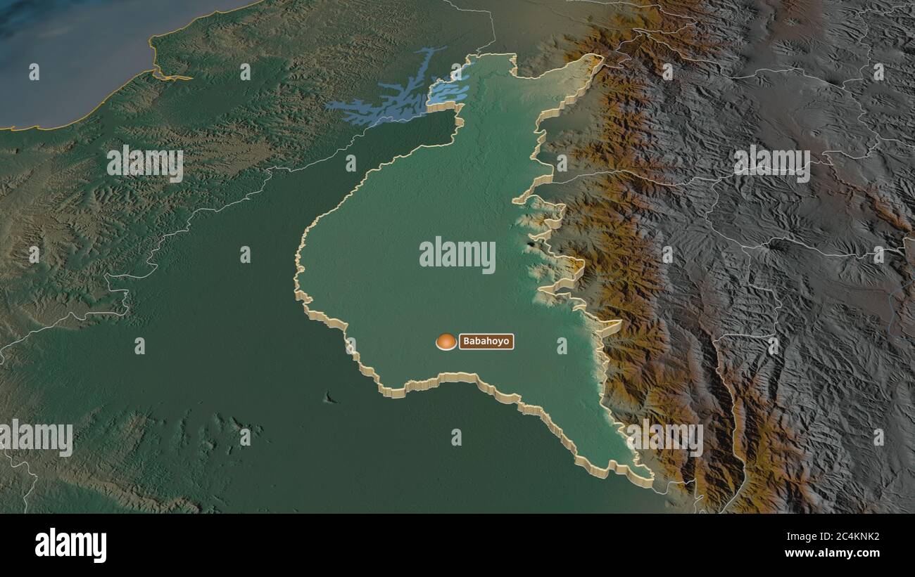 Zoom in on Los Rios (province of Ecuador) extruded. Oblique perspective ...