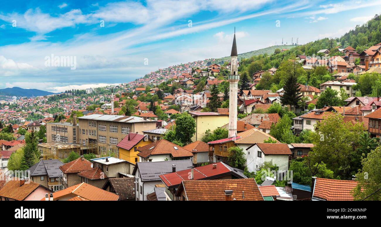 Panoramic aerial view of Sarajevo in a beautiful summer day, Bosnia and ...