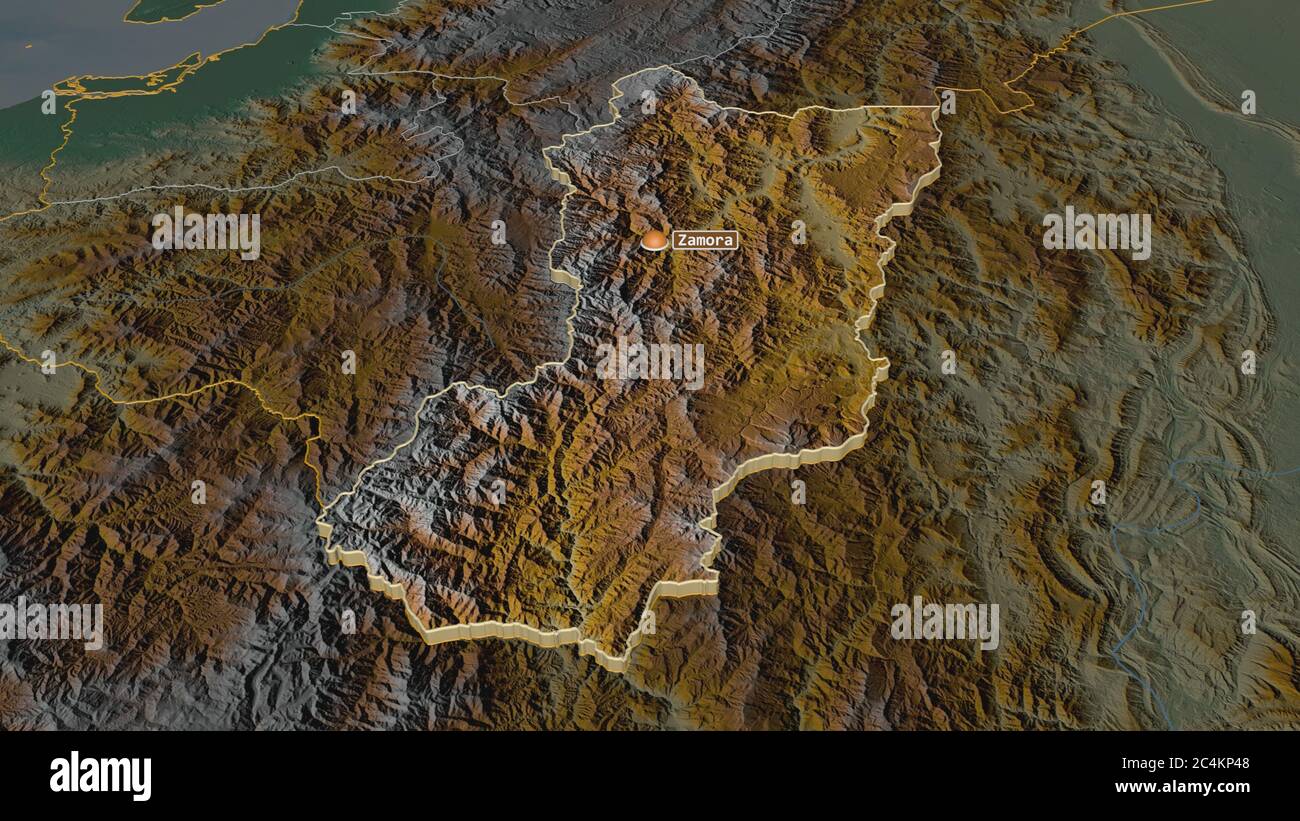 Zoom in on Zamora Chinchipe (province of Ecuador) extruded. Oblique ...