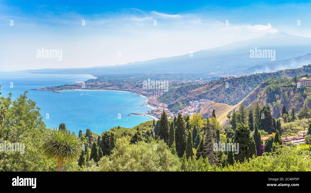Panoramic aerial view of Taormina in Sicily, Italy in a beautiful ...