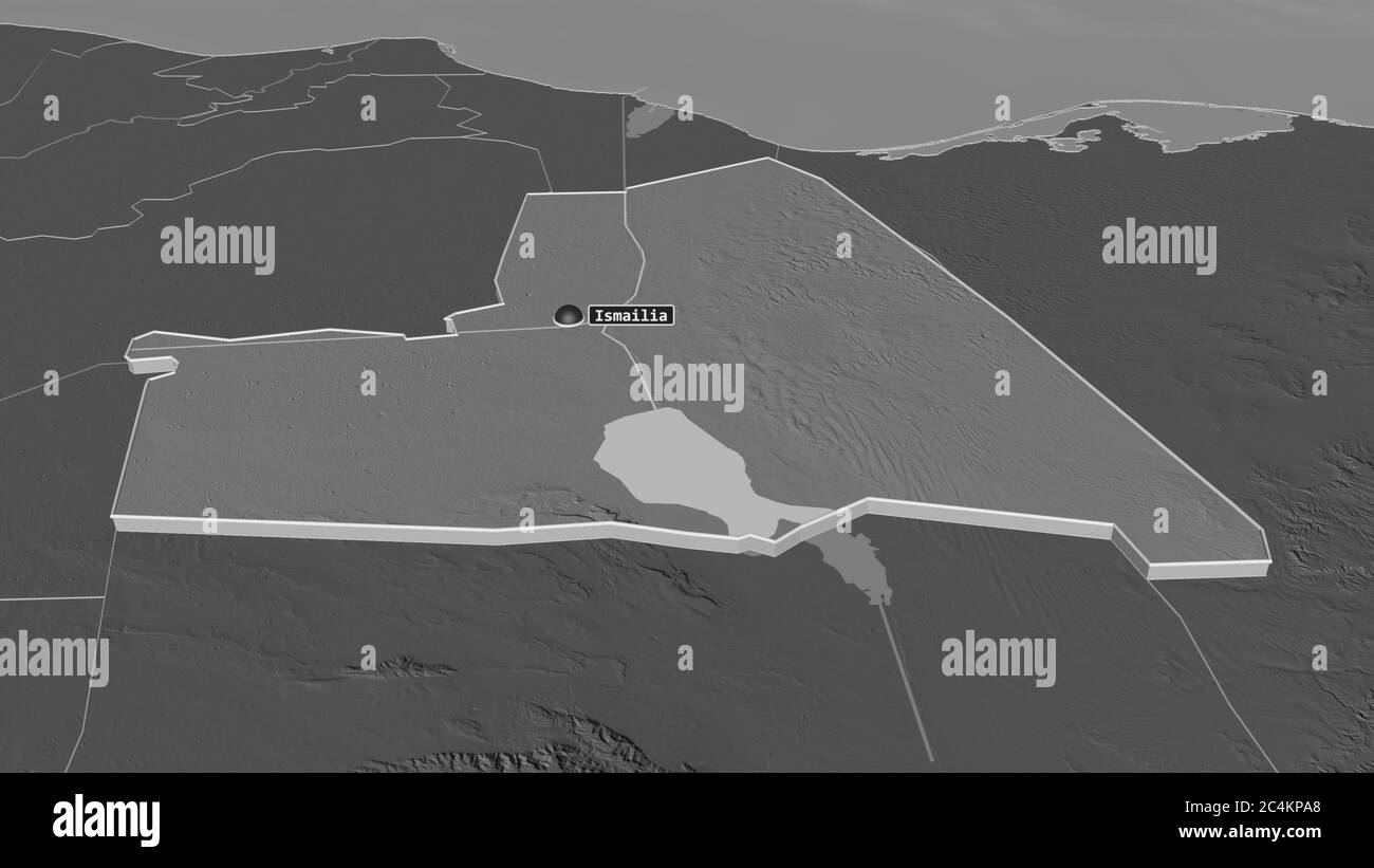 Zoom in on Al Isma (governorate of Egypt) extruded. Oblique perspective ...