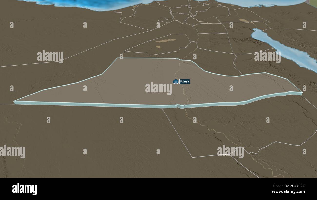Zoom in on Al Minya (governorate of Egypt) extruded. Oblique ...