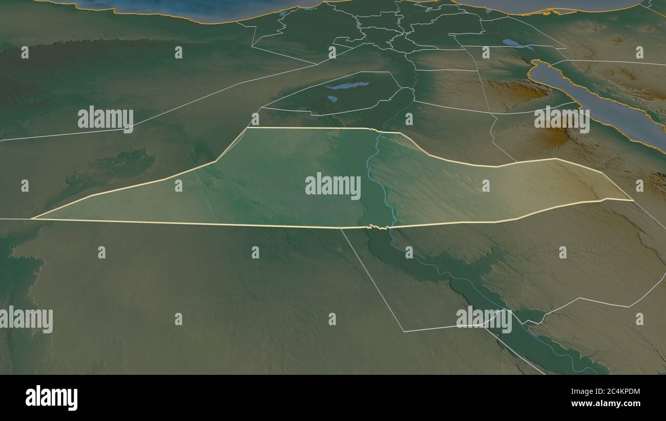 Zoom in on Al Minya (governorate of Egypt) outlined. Oblique ...