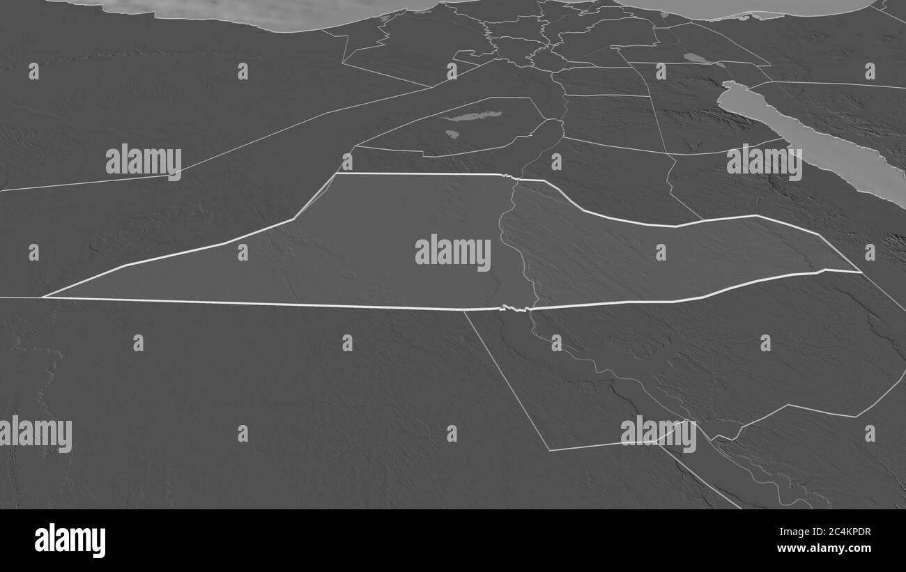 Zoom in on Al Minya (governorate of Egypt) outlined. Oblique ...