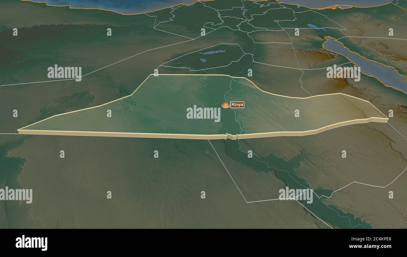 Zoom in on Al Minya (governorate of Egypt) extruded. Oblique ...