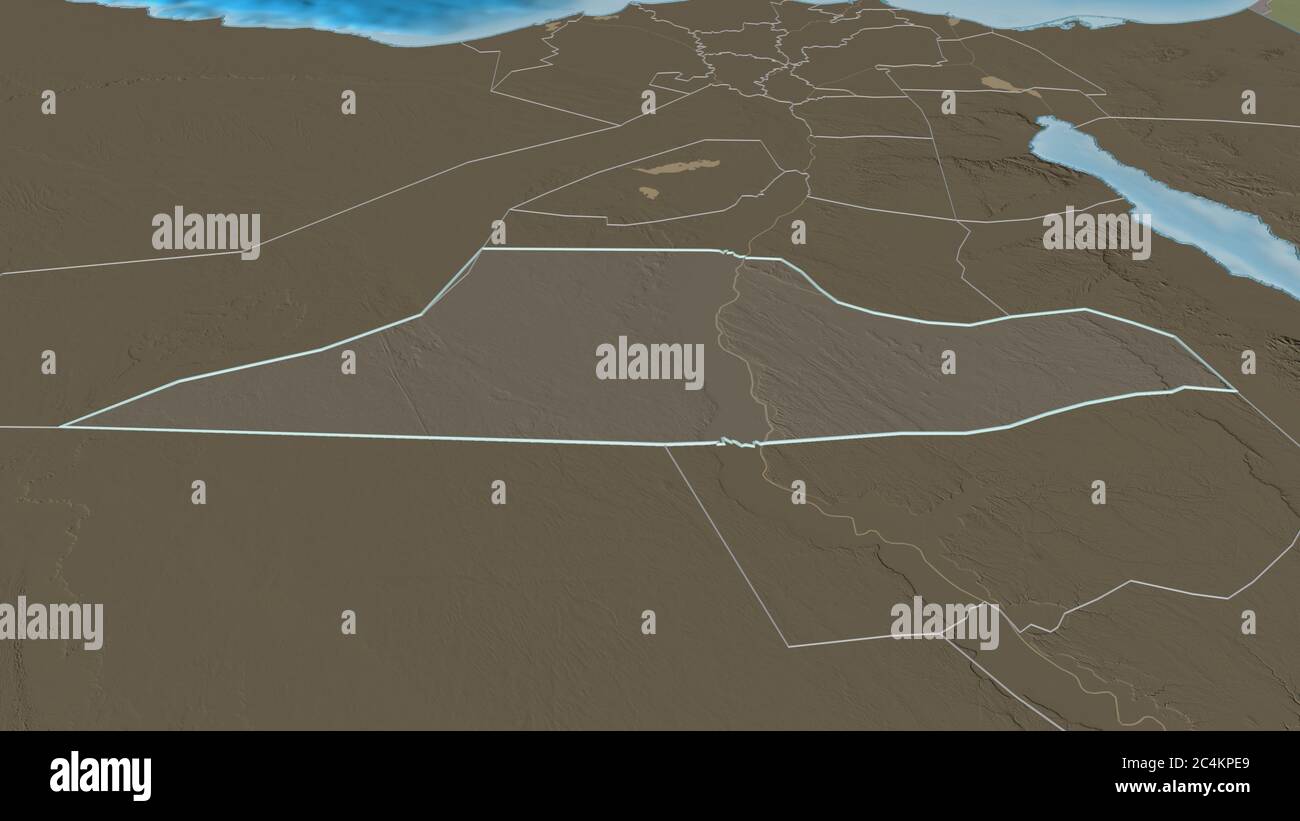 Zoom in on Al Minya (governorate of Egypt) outlined. Oblique ...