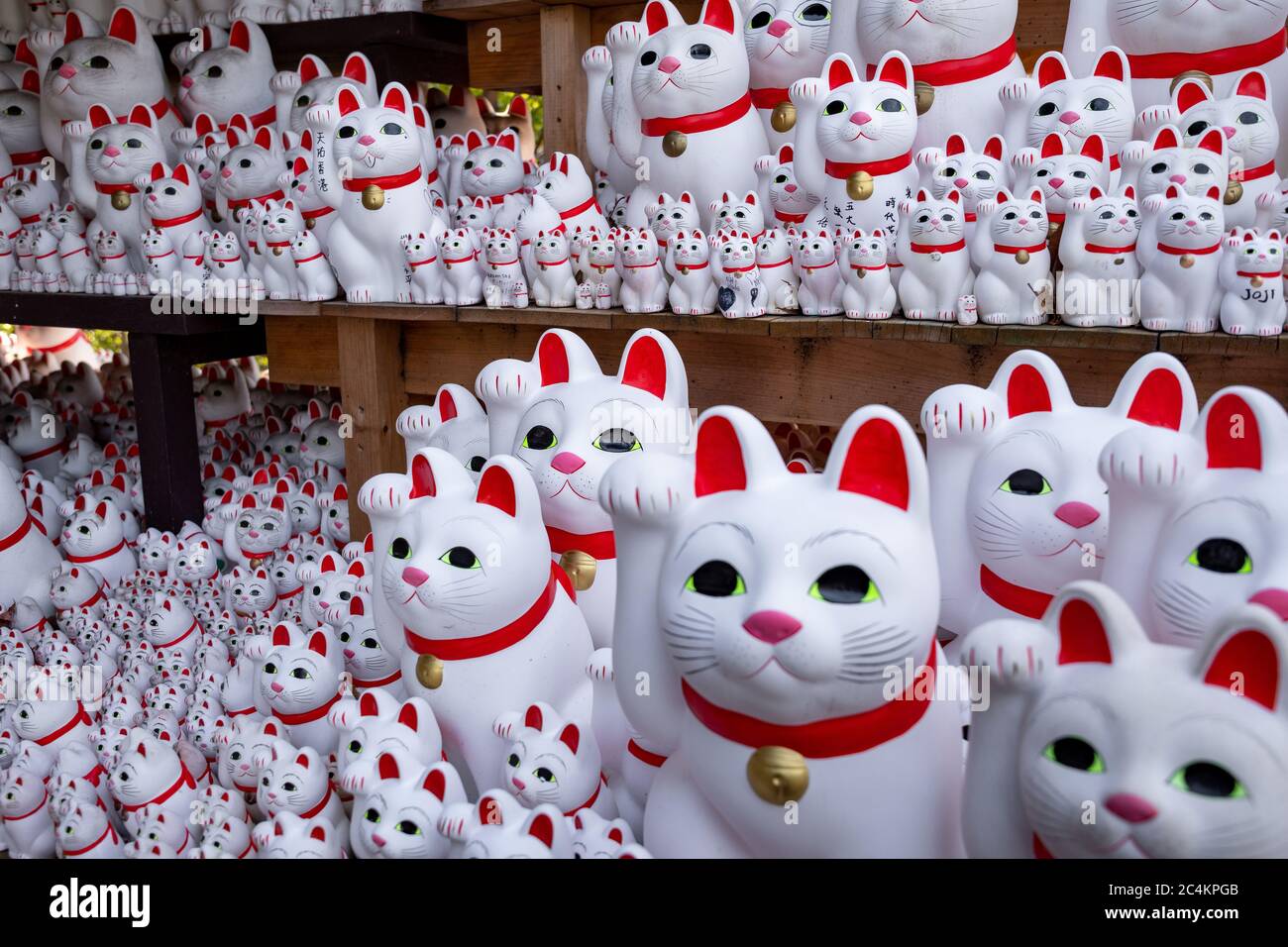 Close-up on maneki-neko or “luck-inviting cat statues" at the Gotokuji Buddhist temple. Setagaya ...