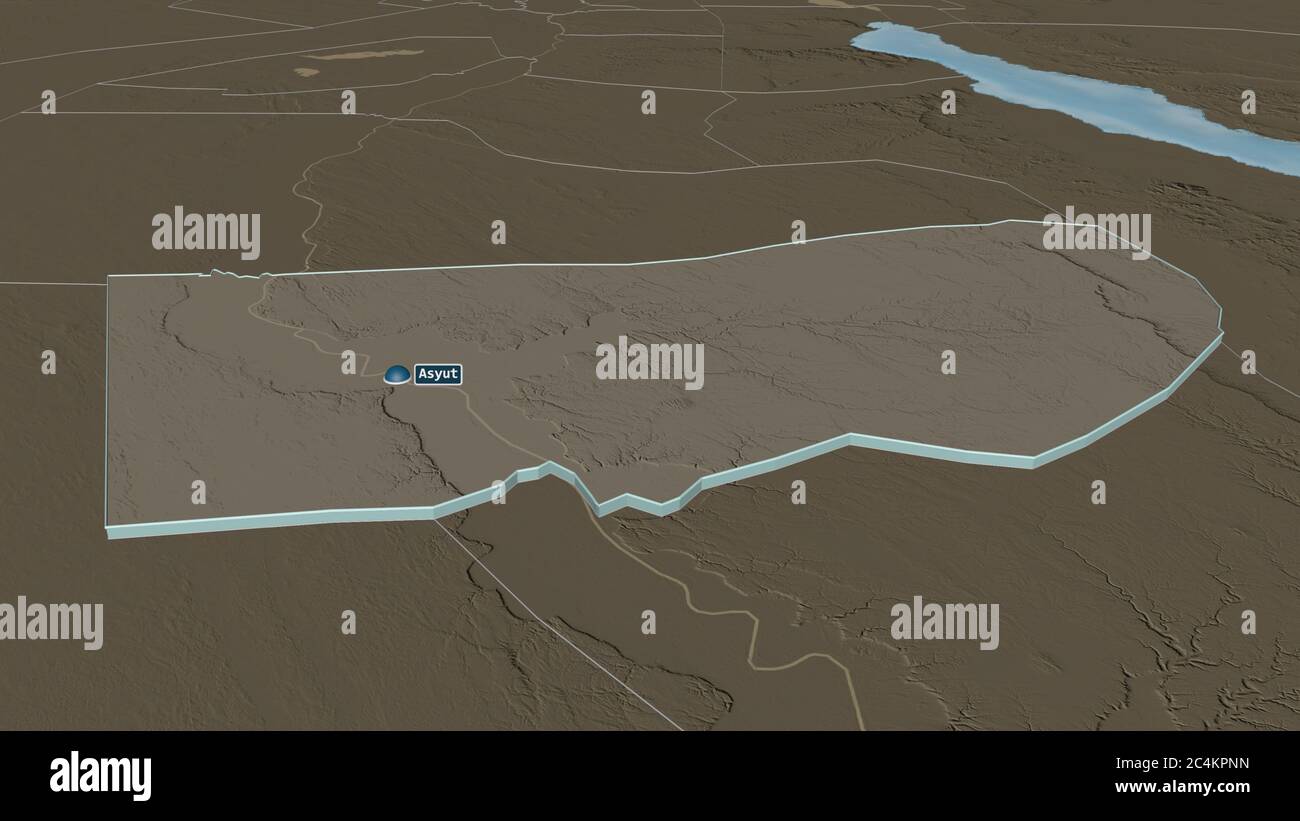 Zoom in on Asyut (governorate of Egypt) extruded. Oblique perspective ...