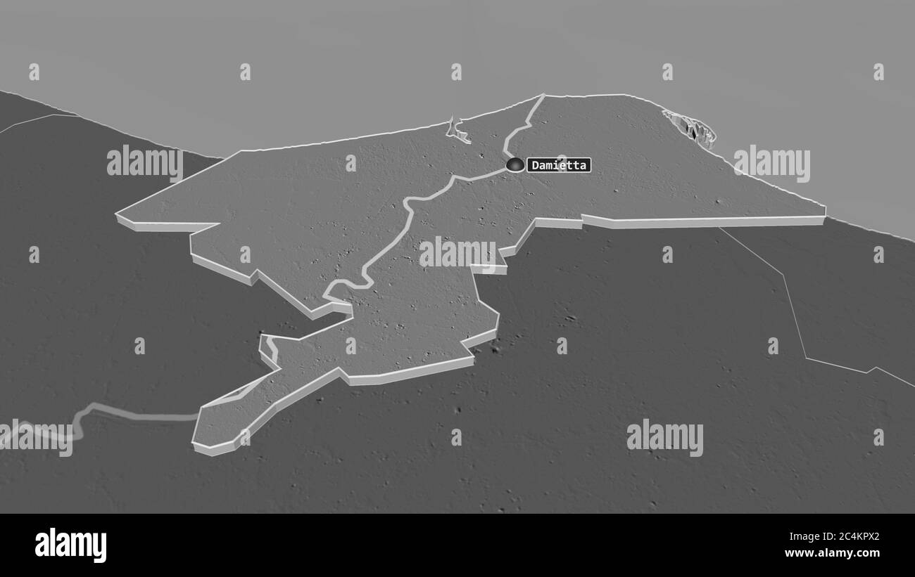Zoom in on Dumyat (governorate of Egypt) extruded. Oblique perspective ...