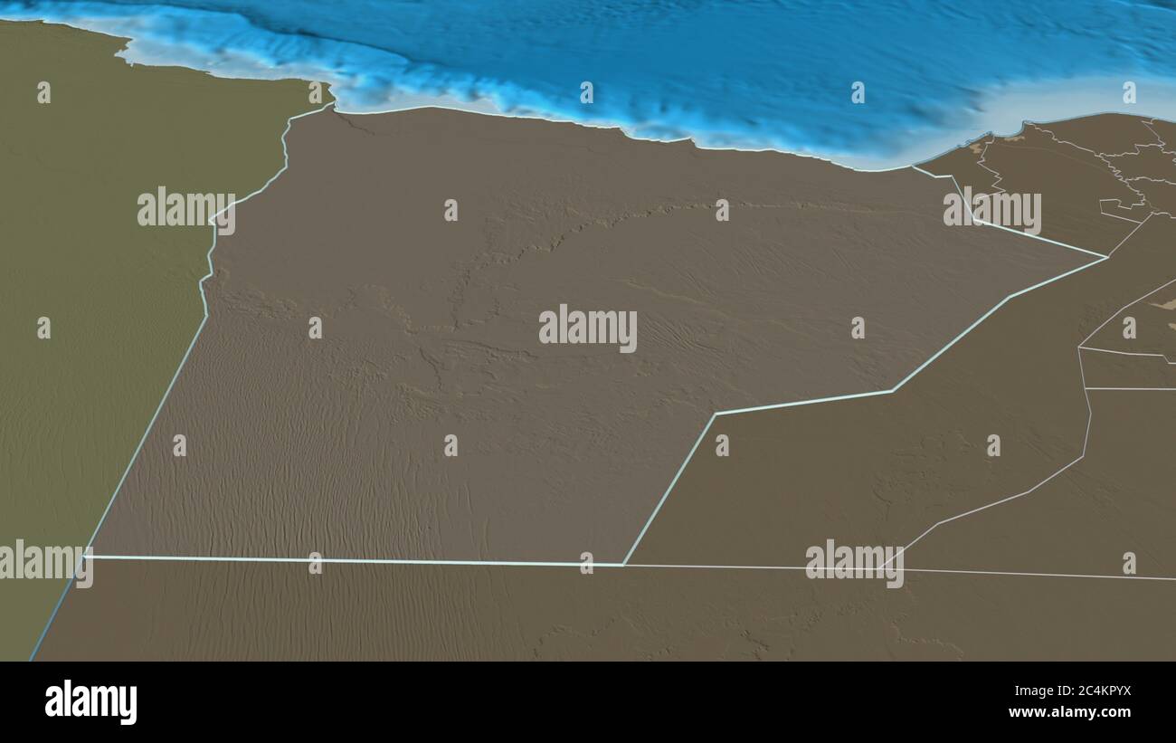 Zoom in on Matrouh (governorate of Egypt) outlined. Oblique perspective ...