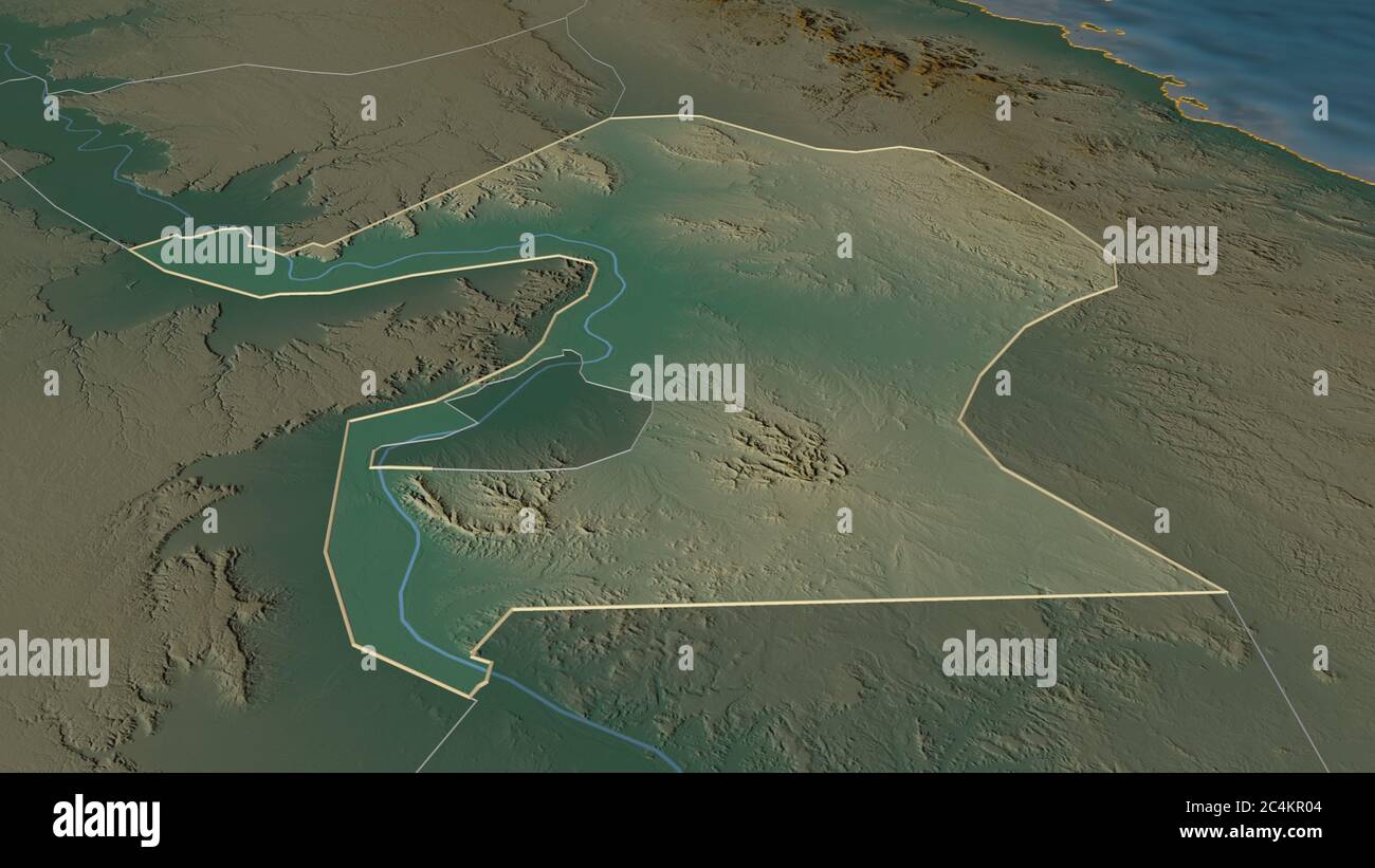 Zoom in on Qina (governorate of Egypt) outlined. Oblique perspective ...