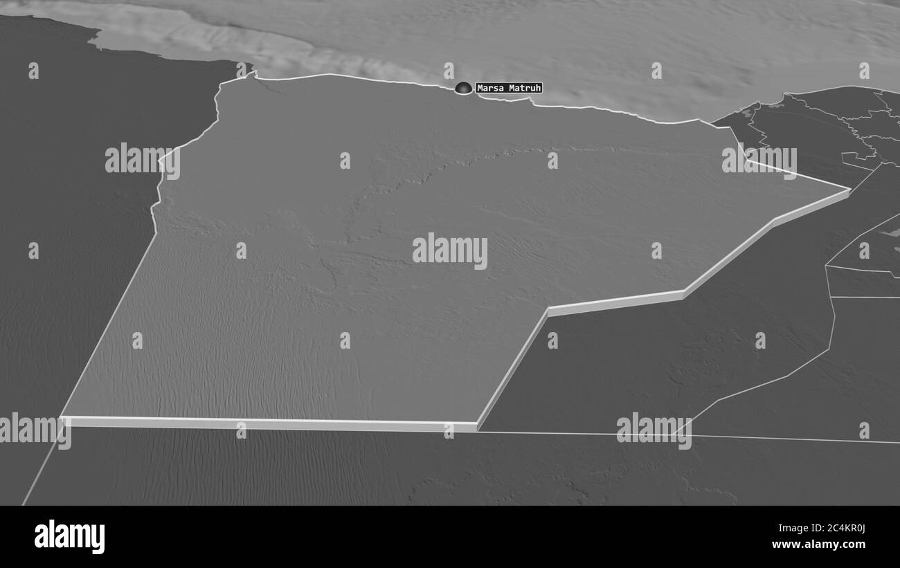 Zoom in on Matrouh (governorate of Egypt) extruded. Oblique perspective ...