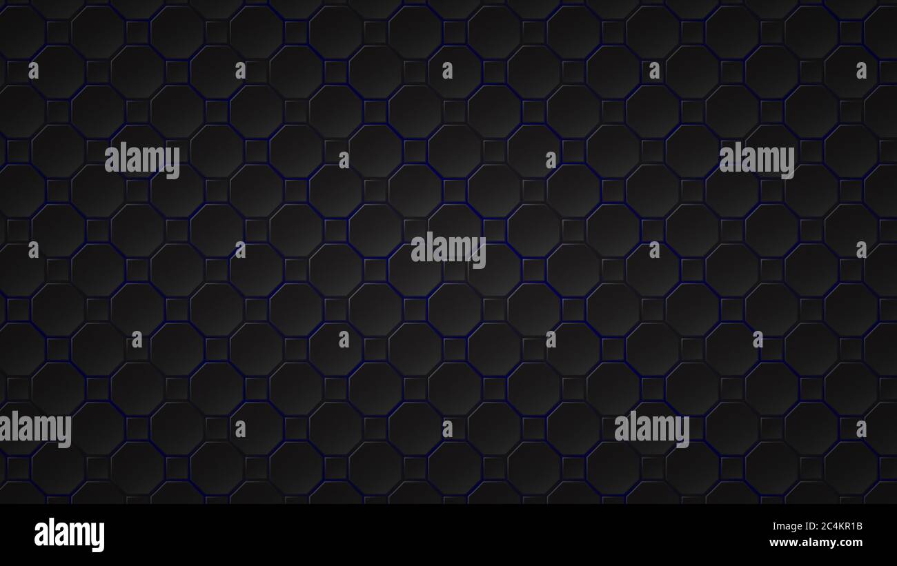 Abstract dark background of black octagon and square tiles with blue ...