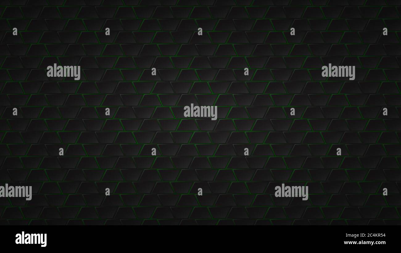 Abstract dark background of black trapezium tiles with green gaps ...