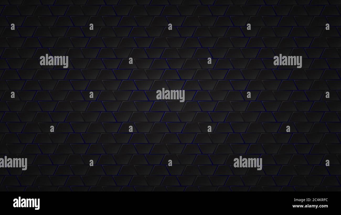 Abstract dark background of black trapezium tiles with blue gaps ...