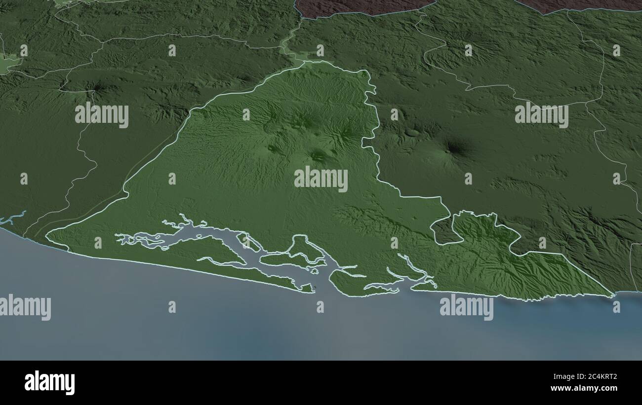 Zoom in on Usulután (department of El Salvador) outlined. Oblique ...