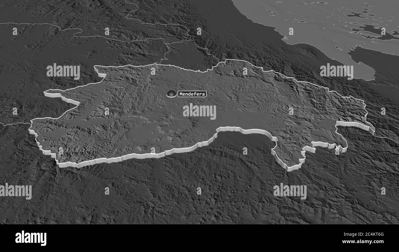 Zoom in on Debub (region of Eritrea) extruded. Oblique perspective ...