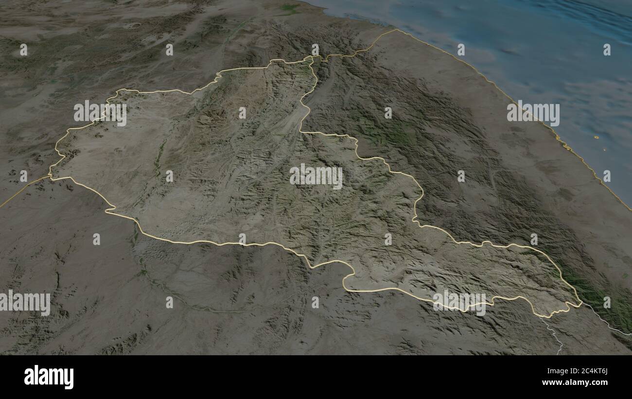 Zoom in on Anseba (region of Eritrea) outlined. Oblique perspective ...