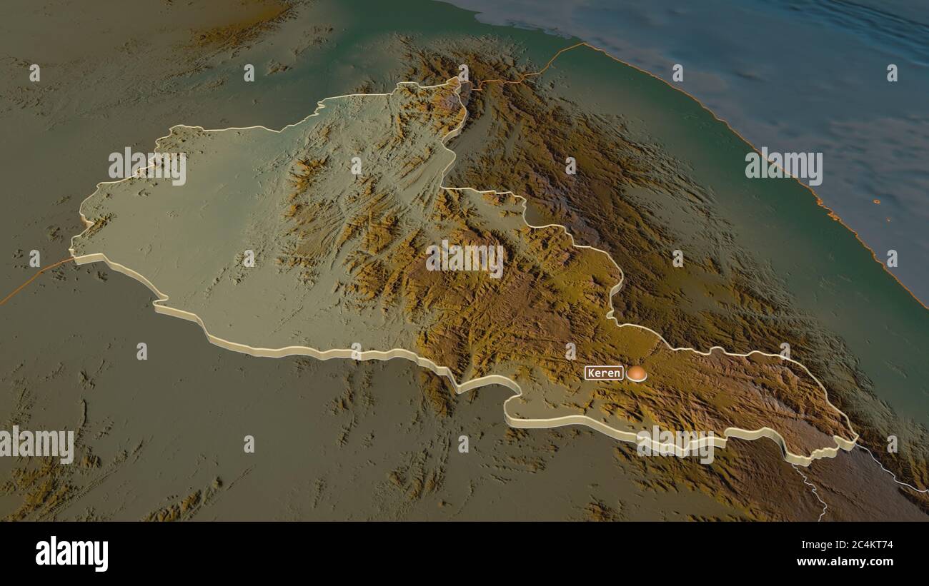 Zoom in on Anseba (region of Eritrea) extruded. Oblique perspective ...