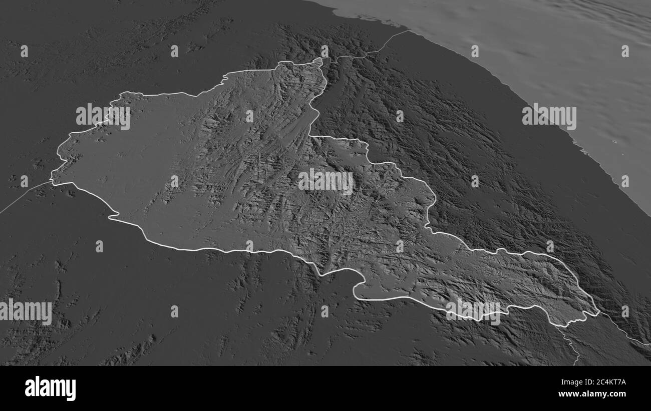 Zoom in on Anseba (region of Eritrea) outlined. Oblique perspective ...