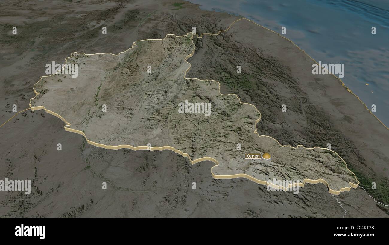 Zoom in on Anseba (region of Eritrea) extruded. Oblique perspective ...