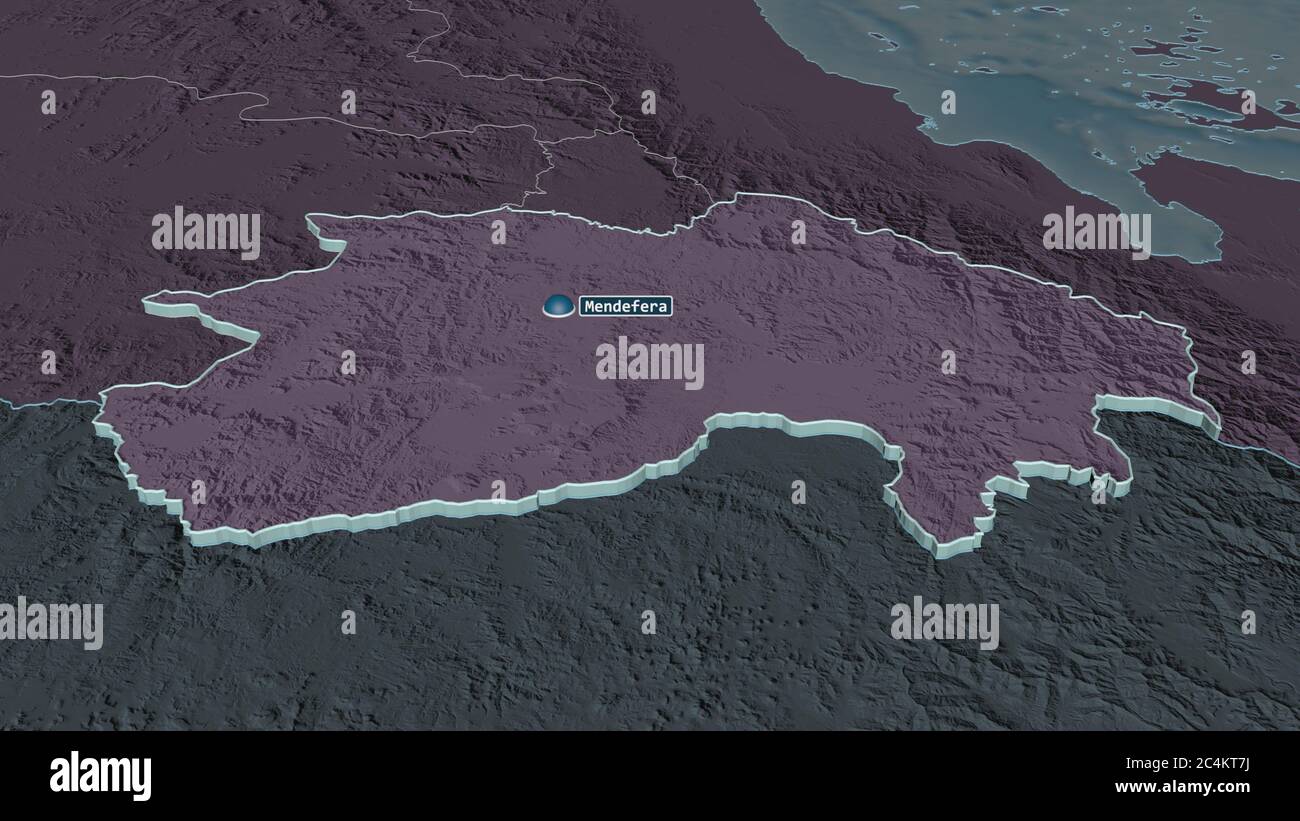 Zoom in on Debub (region of Eritrea) extruded. Oblique perspective ...