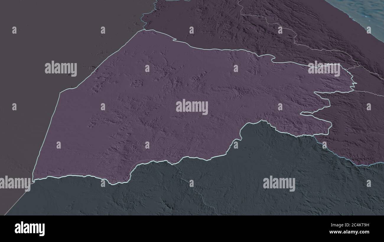 Zoom in on Gash Barka (region of Eritrea) outlined. Oblique perspective ...