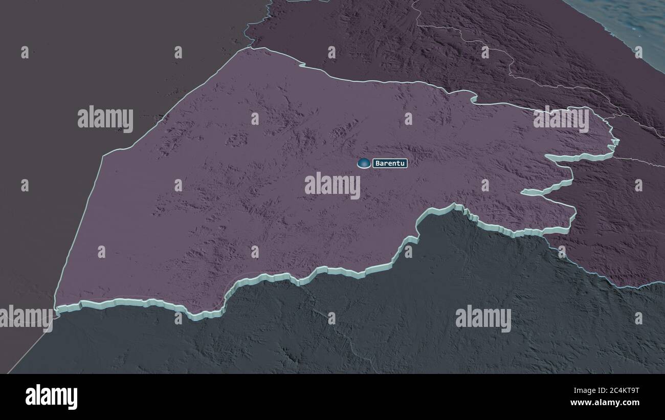 Zoom in on Gash Barka (region of Eritrea) extruded. Oblique perspective ...
