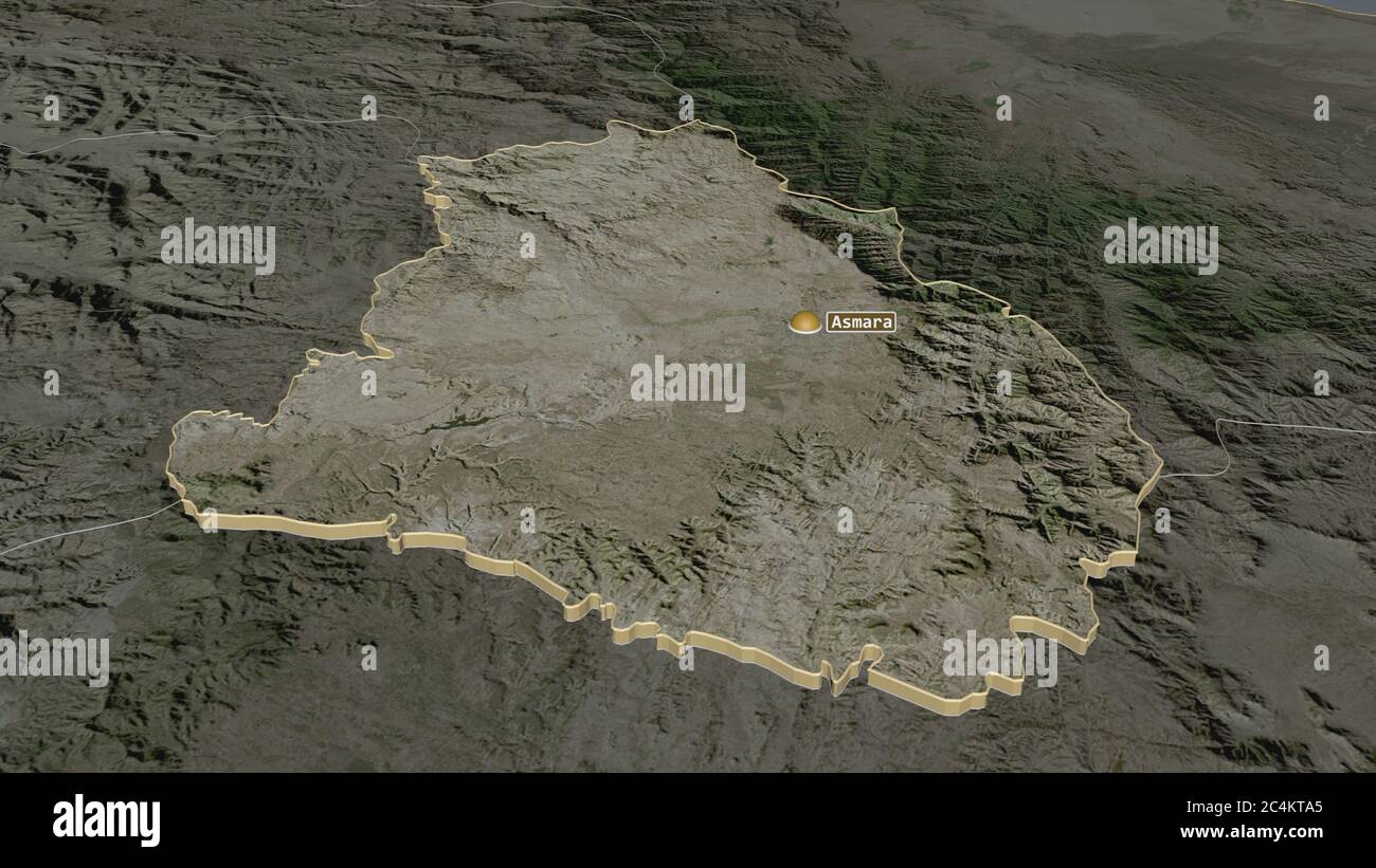 Zoom in on Maekel (region of Eritrea) extruded. Oblique perspective ...