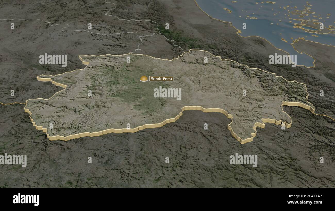 Zoom in on Debub (region of Eritrea) extruded. Oblique perspective ...