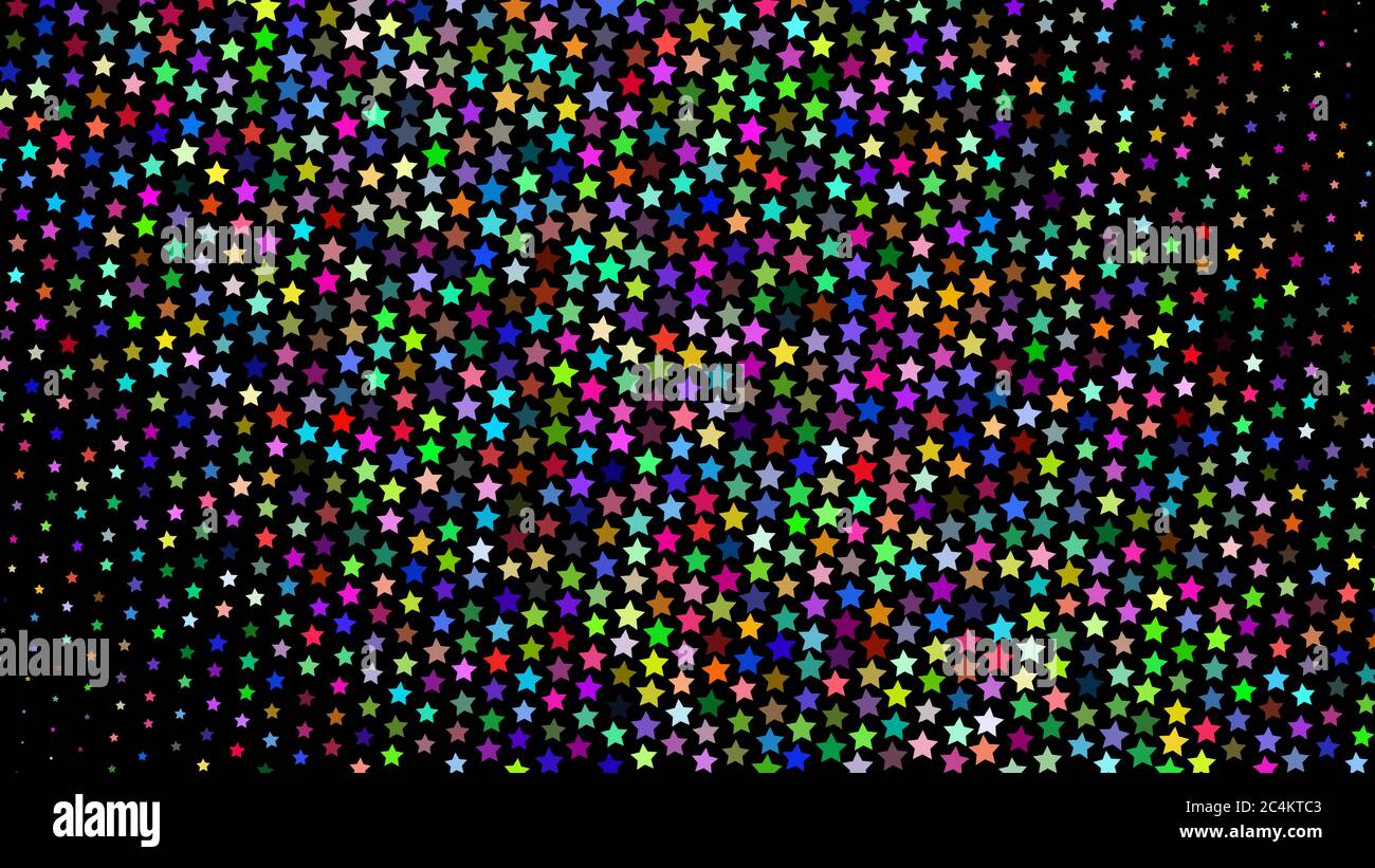Abstract halftone gradient background of small colored stars on black ...
