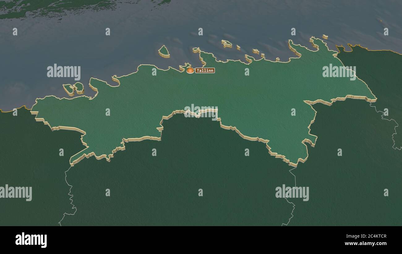 Zoom in on Harju (county of Estonia) extruded. Oblique perspective ...