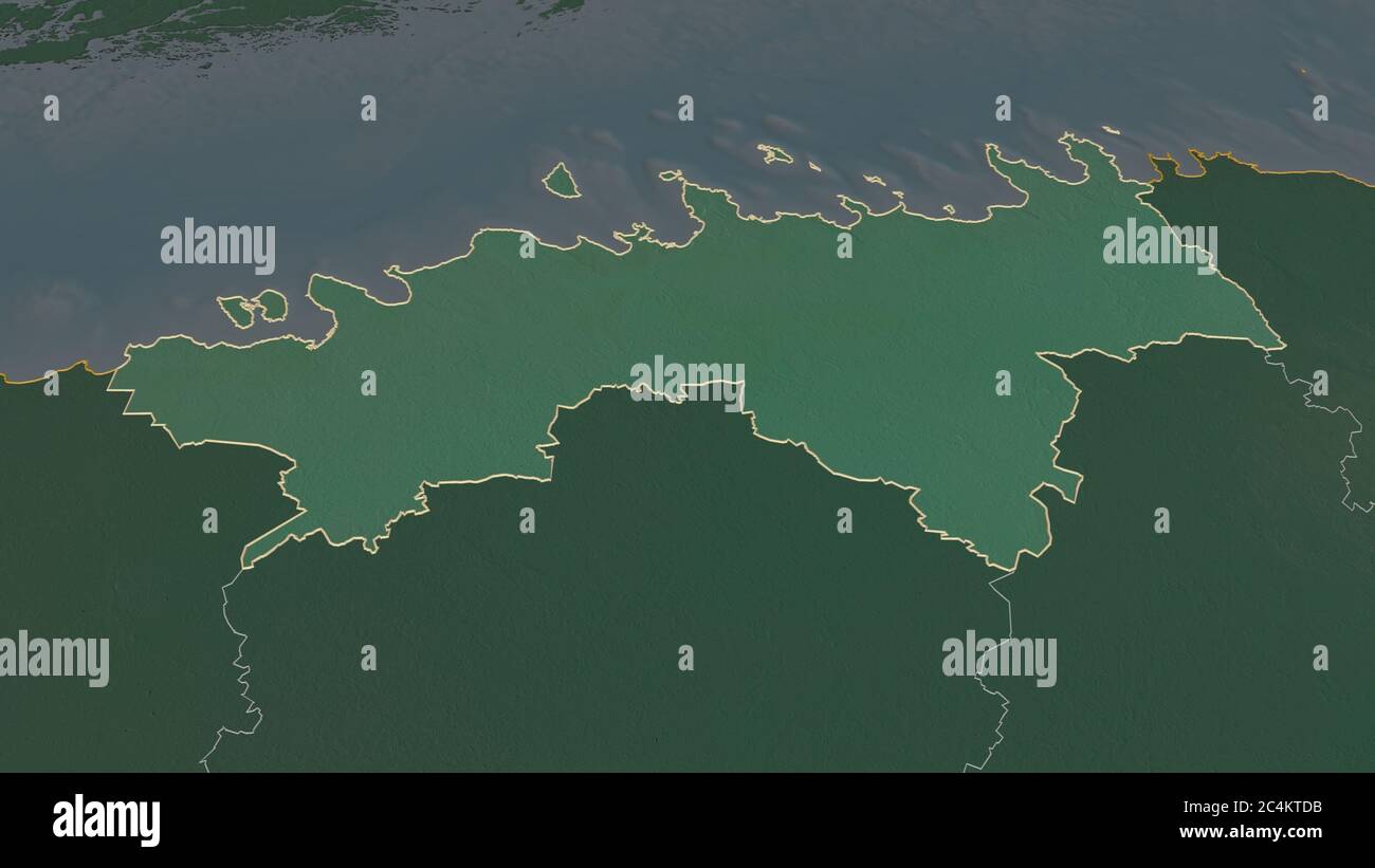 Zoom in on Harju (county of Estonia) outlined. Oblique perspective ...