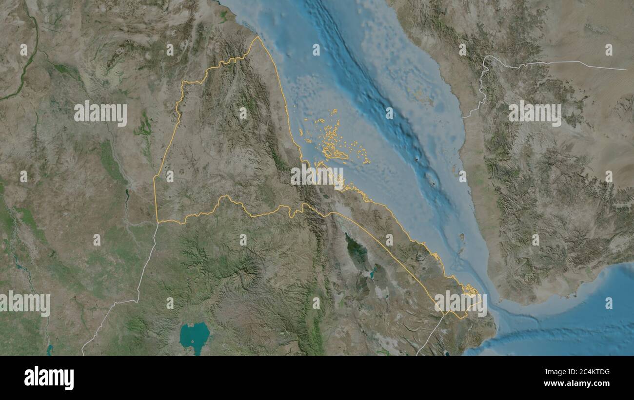 Outlined shape of the Eritrea area. Satellite imagery. 3D rendering ...