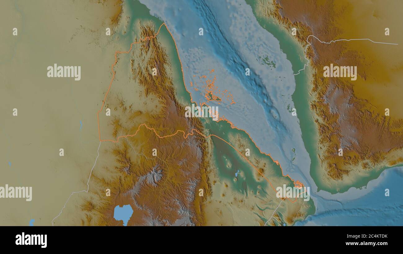 Outlined shape of the Eritrea area. Topographic relief map with surface ...
