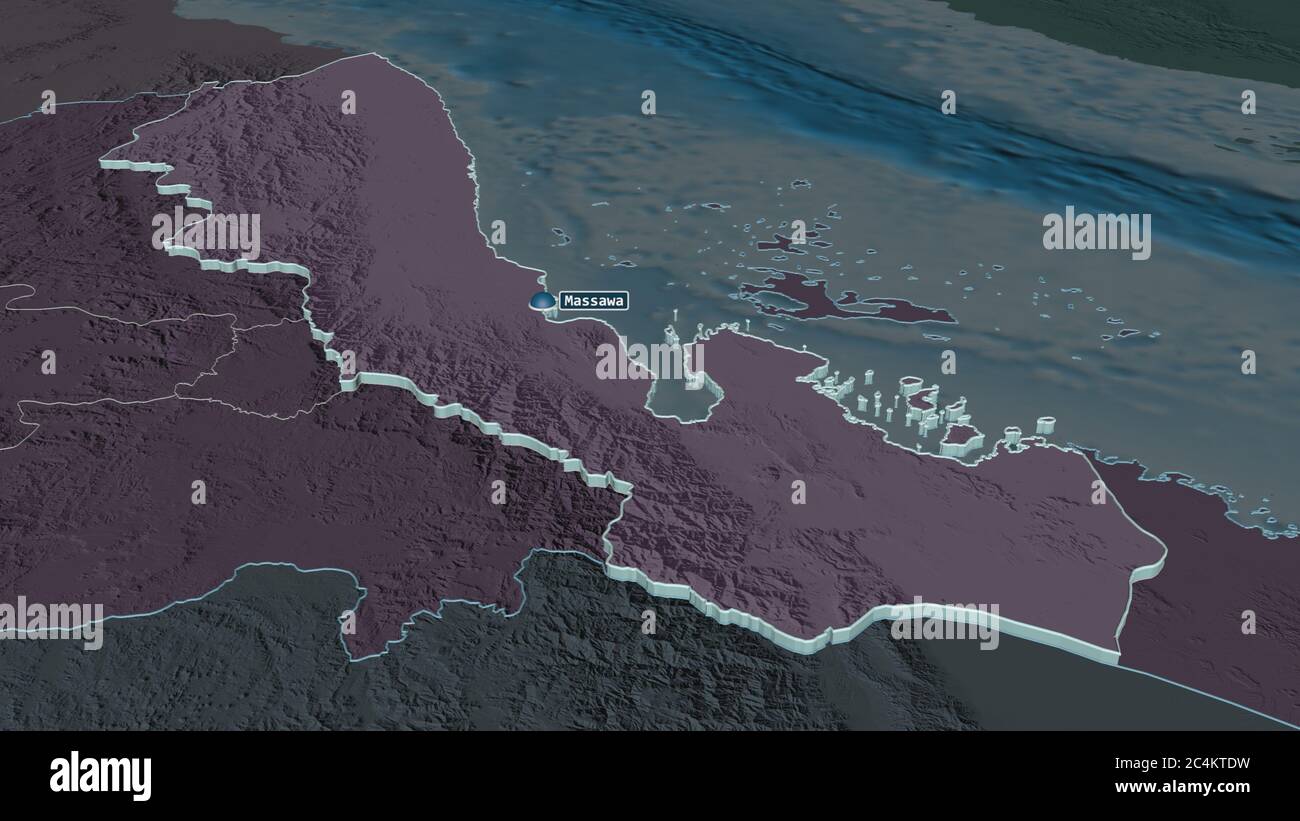 Zoom in on Semenawi Keyih Bahri (region of Eritrea) extruded. Oblique ...