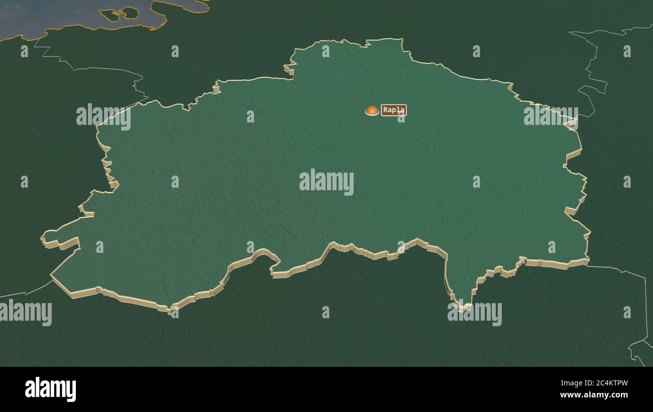 Zoom in on Rapla (county of Estonia) extruded. Oblique perspective ...