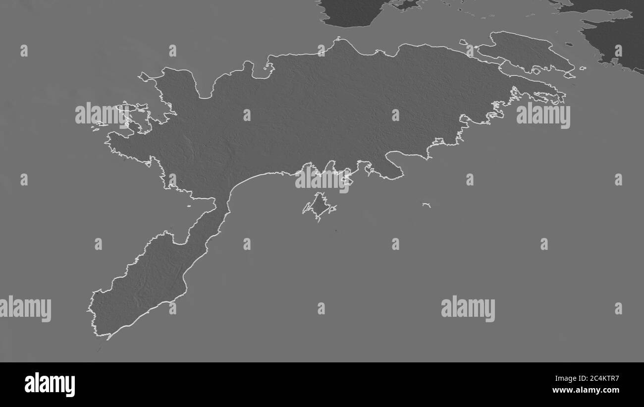 Zoom in on Saare (county of Estonia) outlined. Oblique perspective ...