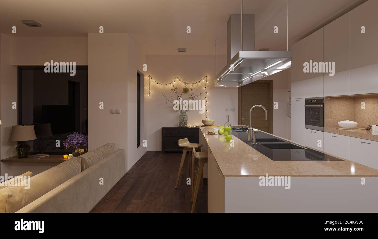 Dimly Illuminated Open Plan Kitchen and Living Room at Night Stock ...