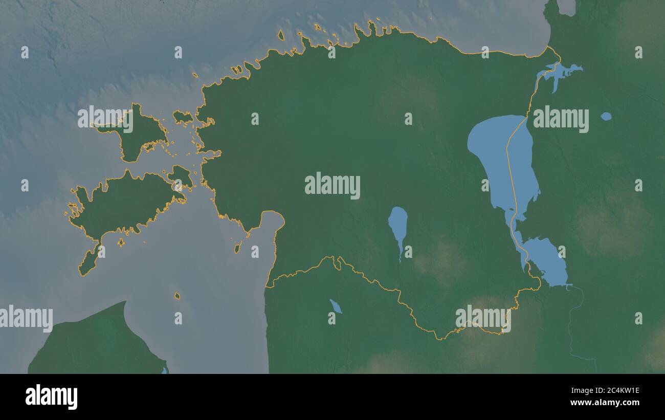Outlined shape of the Estonia area. Topographic relief map with surface waters. 3D rendering ...