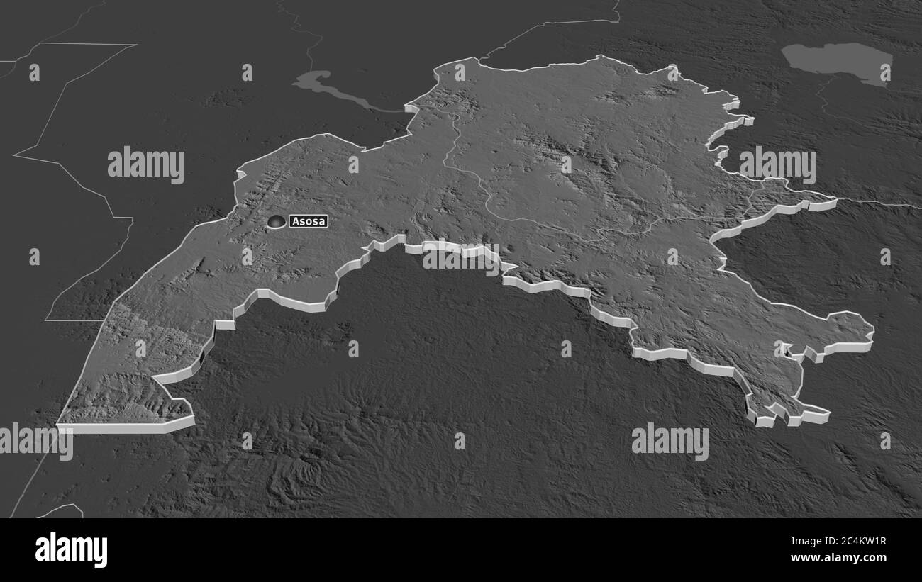 Zoom in on Benshangul-Gumaz (state of Ethiopia) extruded. Oblique ...