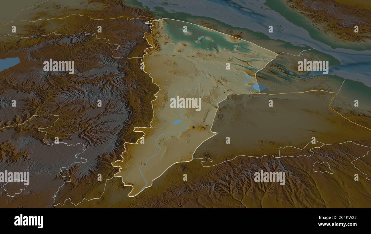 Zoom in on Afar (state of Ethiopia) outlined. Oblique perspective ...