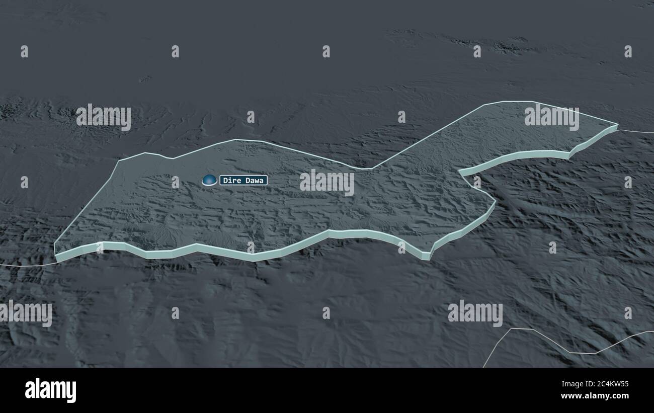 Zoom in on Dire Dawa (city of Ethiopia) extruded. Oblique perspective ...