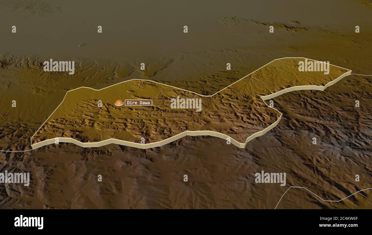 Zoom in on Dire Dawa (city of Ethiopia) extruded. Oblique perspective ...