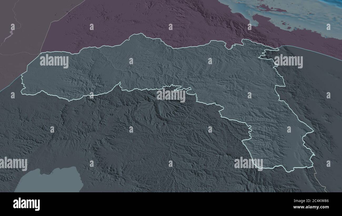 Zoom in on Tigray (state of Ethiopia) outlined. Oblique perspective ...