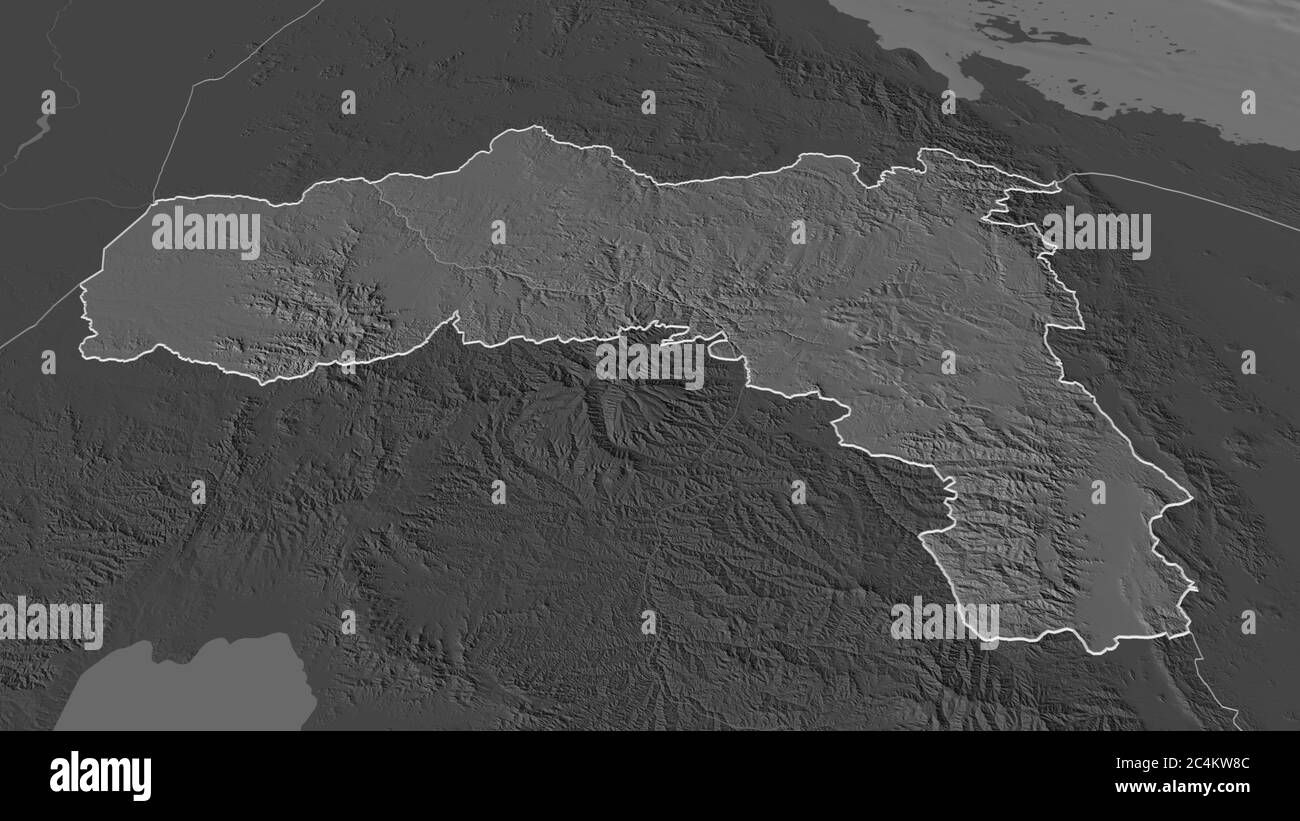 Zoom in on Tigray (state of Ethiopia) outlined. Oblique perspective ...