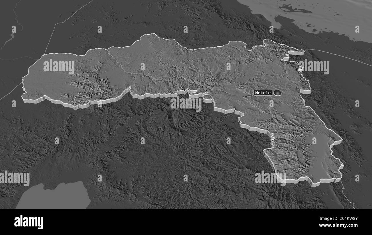 Zoom in on Tigray (state of Ethiopia) extruded. Oblique perspective ...